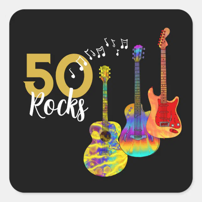 50th birthday party 50 rocks Guitar Square Sticker | Zazzle