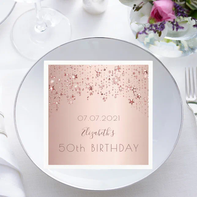 50th birthday party 50 rose gold stars drips pink napkins | Zazzle