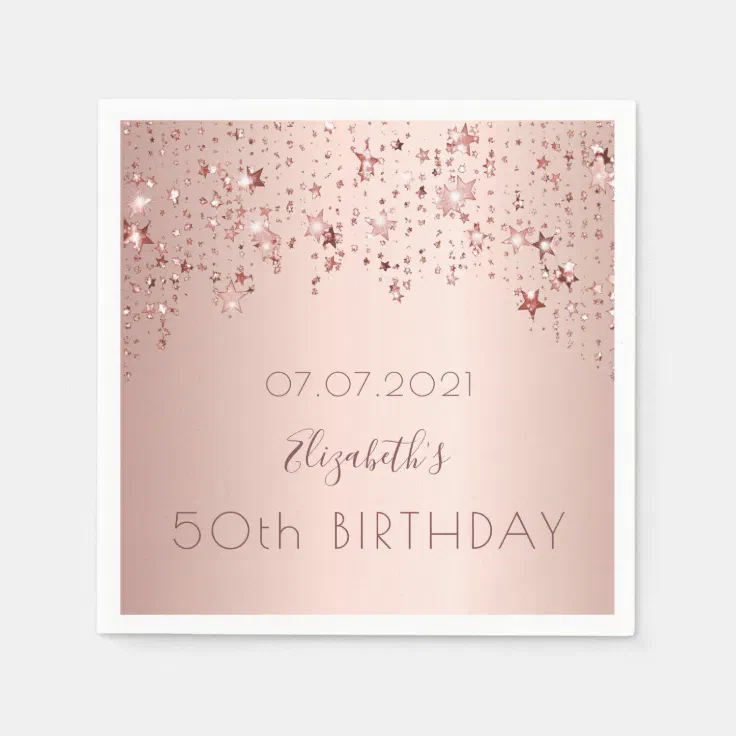 50th birthday party 50 rose gold stars drips pink napkins | Zazzle