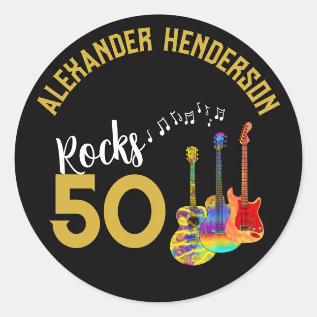 50th Birthday Party add Name Rock and Roll 50 Classic Round Sticker ...