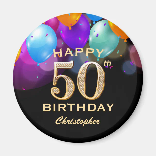 50th Birthday Party Black and Gold Balloons Magnet | Zazzle