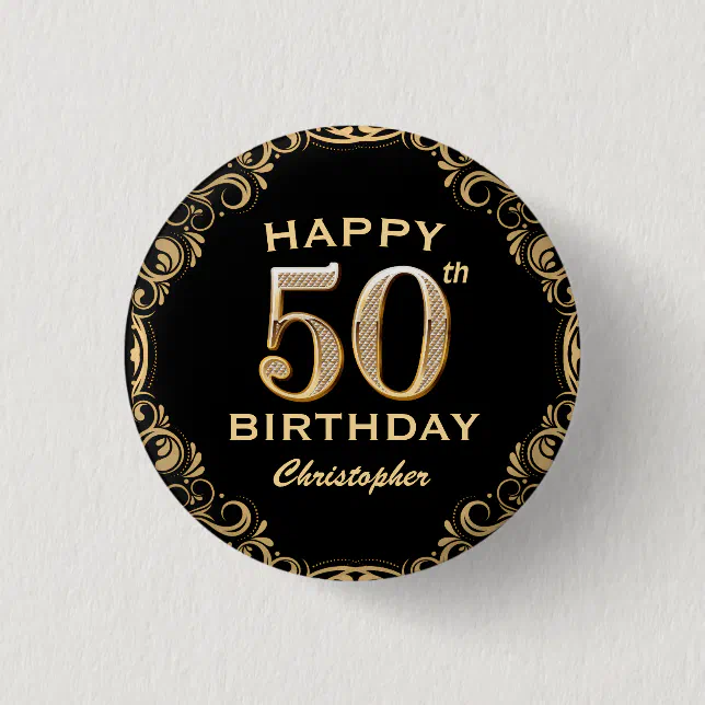 50th Birthday Party Black and Gold Glitter Frame Button | Zazzle