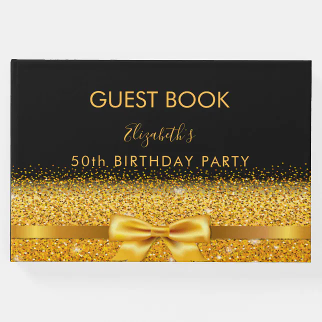 50th birthday party black gold bow glam sparkle guest book | Zazzle