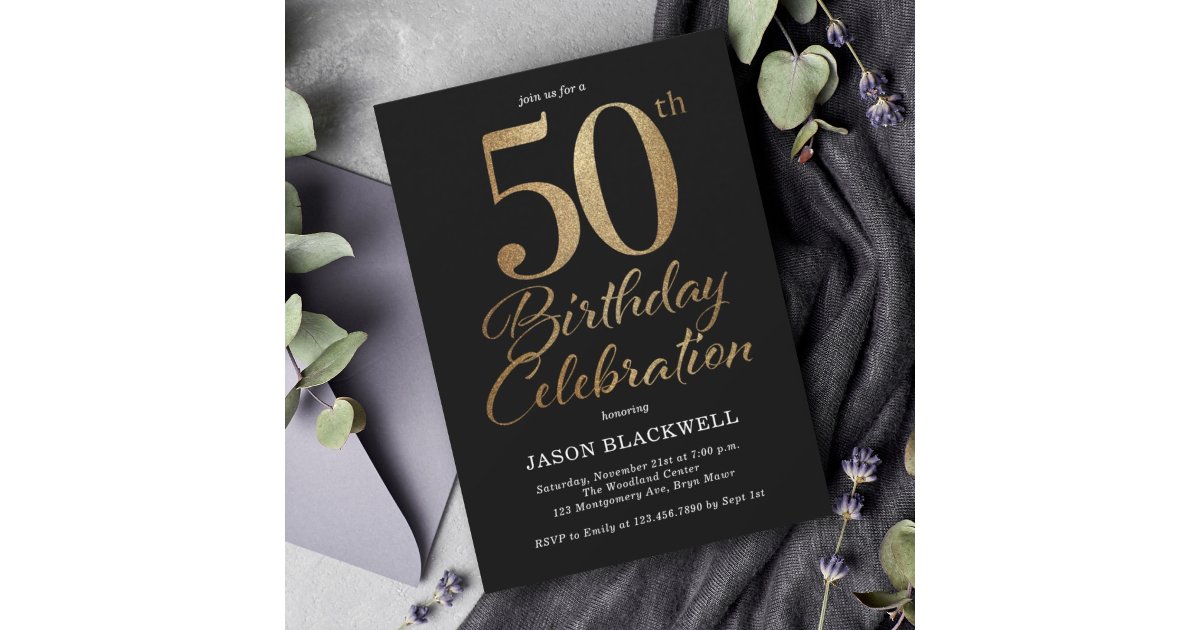 50th Birthday Party Black & Gold Invitation | Zazzle