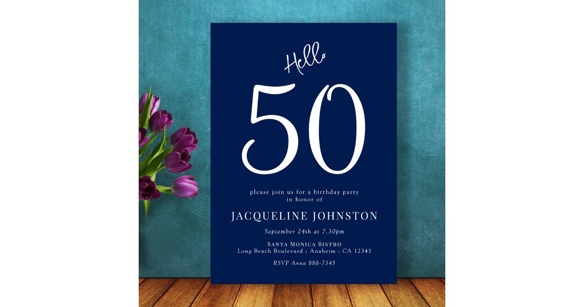 50th Birthday Party Blue White Hello 50 Invitation | Zazzle