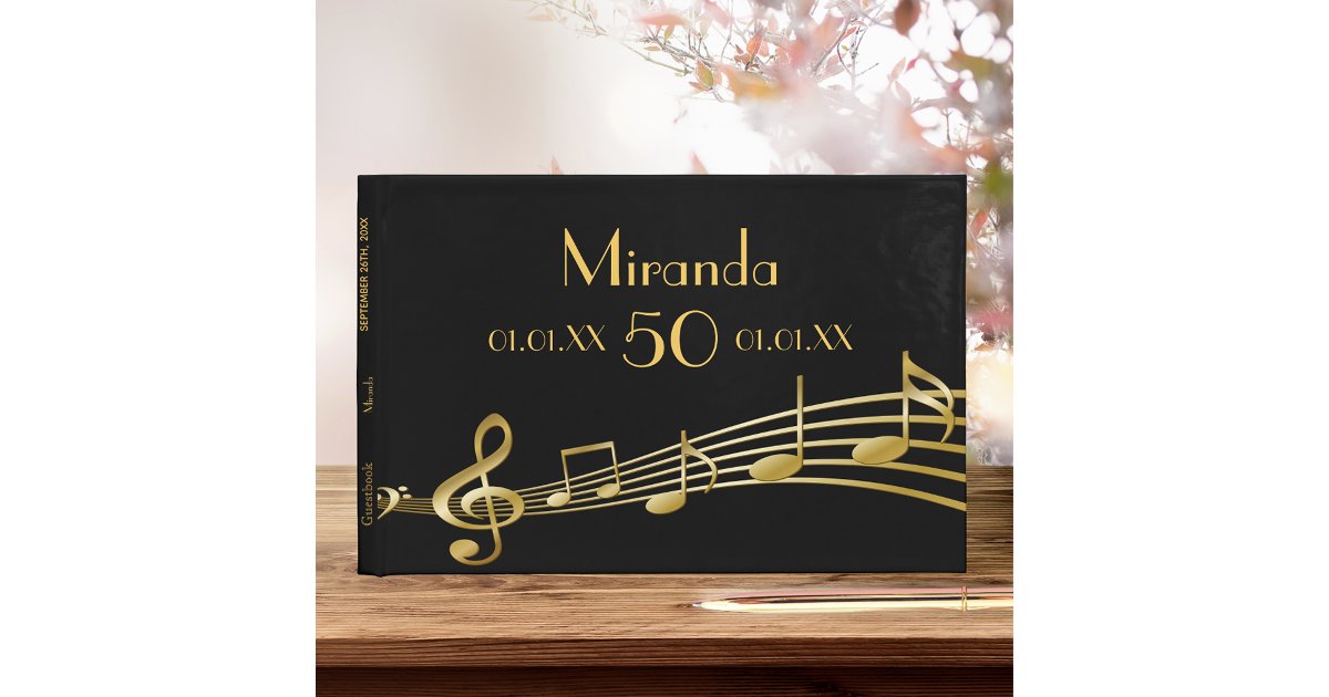 50th birthday party gold music notes on black guest book | Zazzle