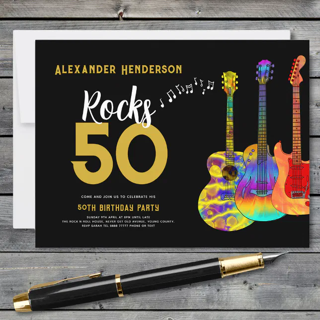 50th Birthday Party Music Guitar Rocks 50 Invitation Postcard | Zazzle