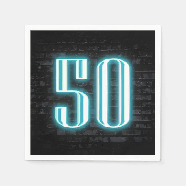 50th Birthday Party Neon Sign on Brick Wall Napkins | Zazzle
