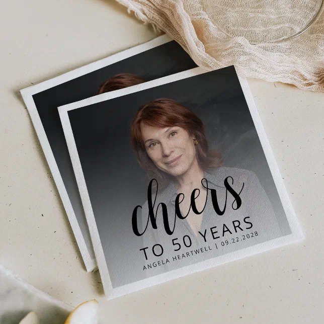 50th Birthday Party Photo Black Script Cheers Napkins | Zazzle