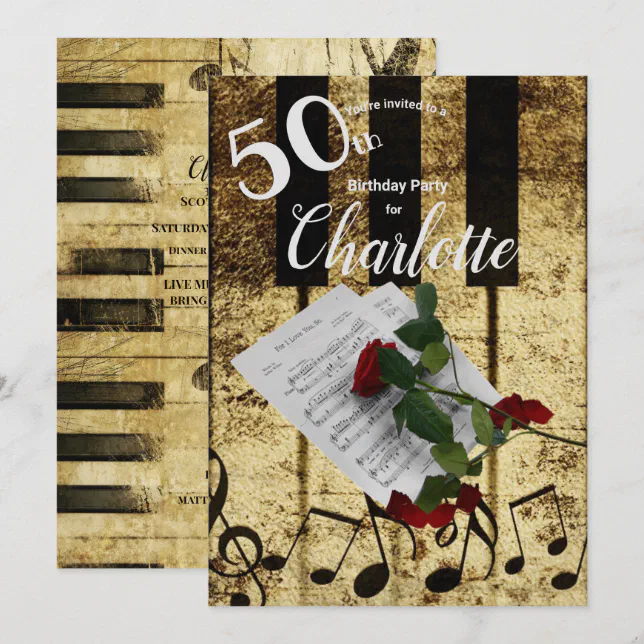 50th Birthday Party Piano Keys Sheet Music Rose In Invitation | Zazzle