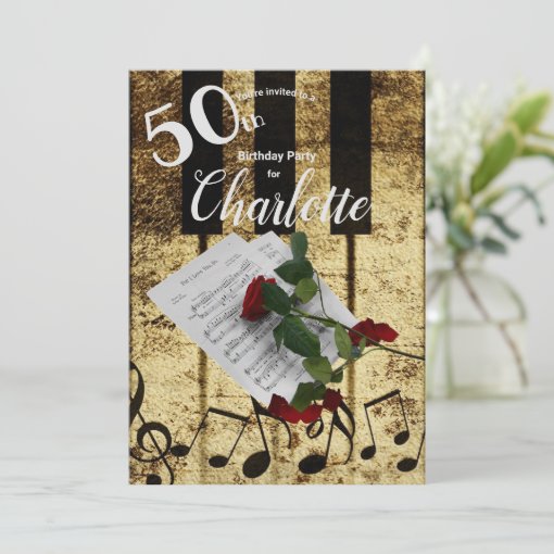 50th Birthday Party Piano Keys Sheet Music Rose In Invitation | Zazzle