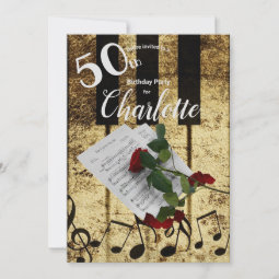 50th Birthday Party Piano Keys Sheet Music Rose In Invitation | Zazzle
