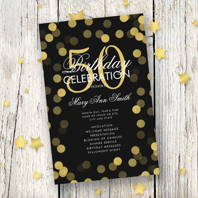 50th Birthday Party Program Gold Confetti w/ Menu | Zazzle