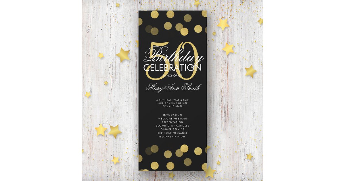 50th Birthday Party Program Gold Confetti w/ Menu | Zazzle