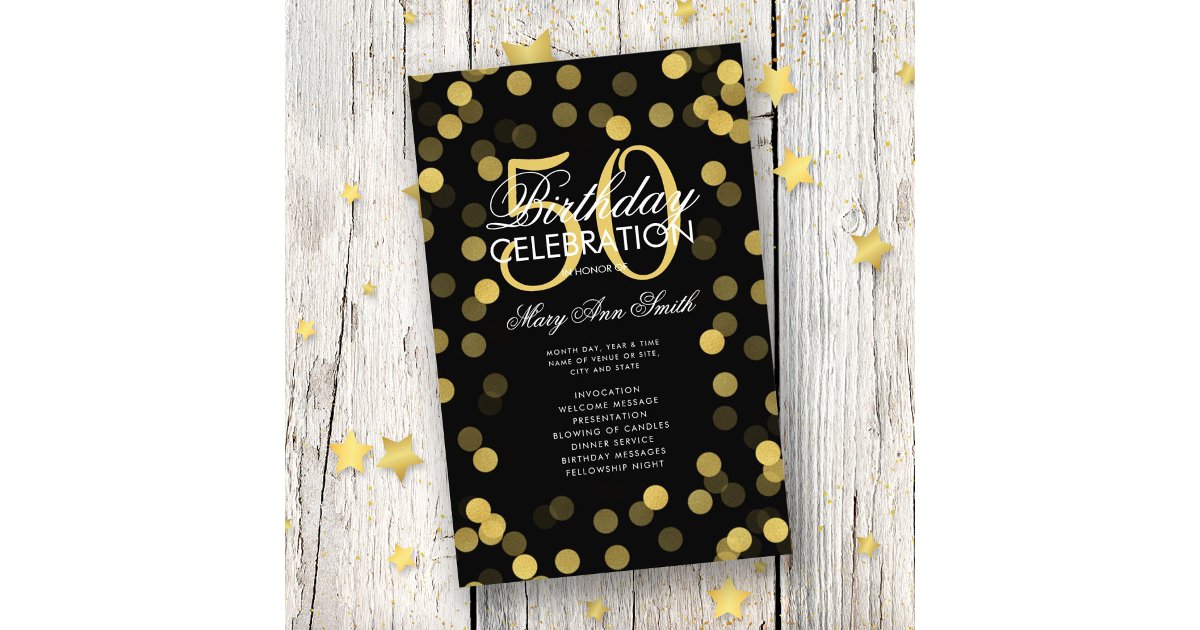 50th Birthday Party Program Gold Confetti w/ Menu Flyer | Zazzle