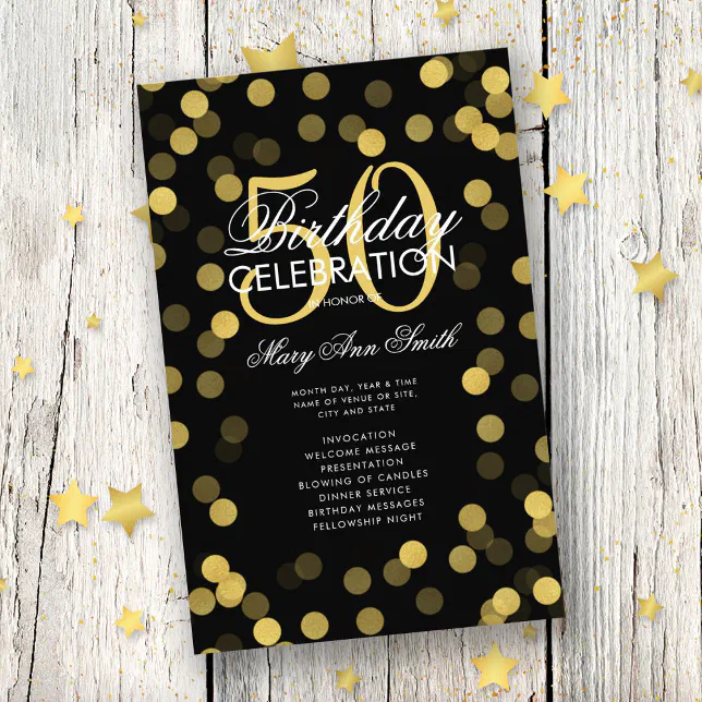 50th Birthday Party Program Gold Confetti w/ Menu Flyer | Zazzle