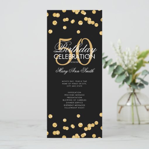 50th Birthday Party Program Gold Glitter w/ Menu | Zazzle