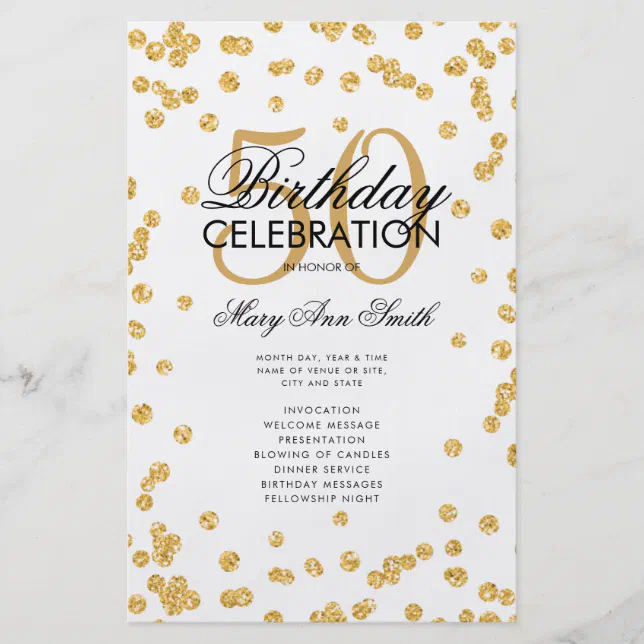 50th Birthday Party Program Gold Glitter w/ Menu Flyer | Zazzle