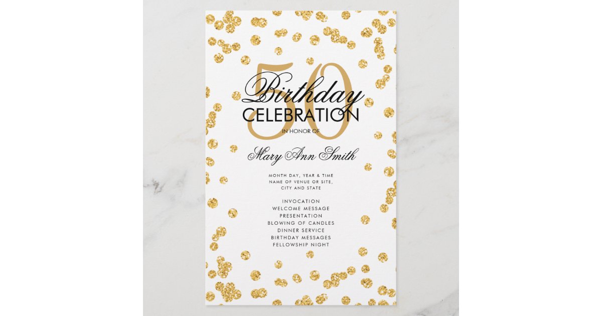 50th Birthday Party Program Gold Glitter w/ Menu Flyer | Zazzle