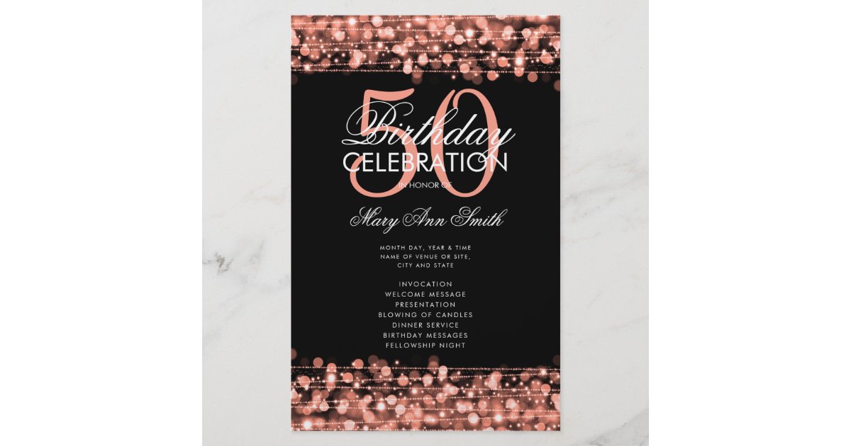 50th Birthday Party Program Rose Gold w/ Menu Flyer | Zazzle