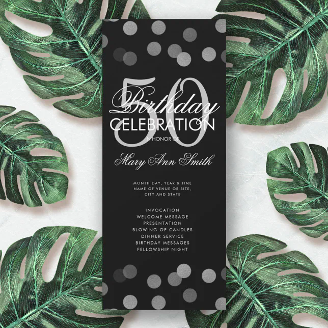 50th Birthday Party Program Silver Confetti Menu | Zazzle