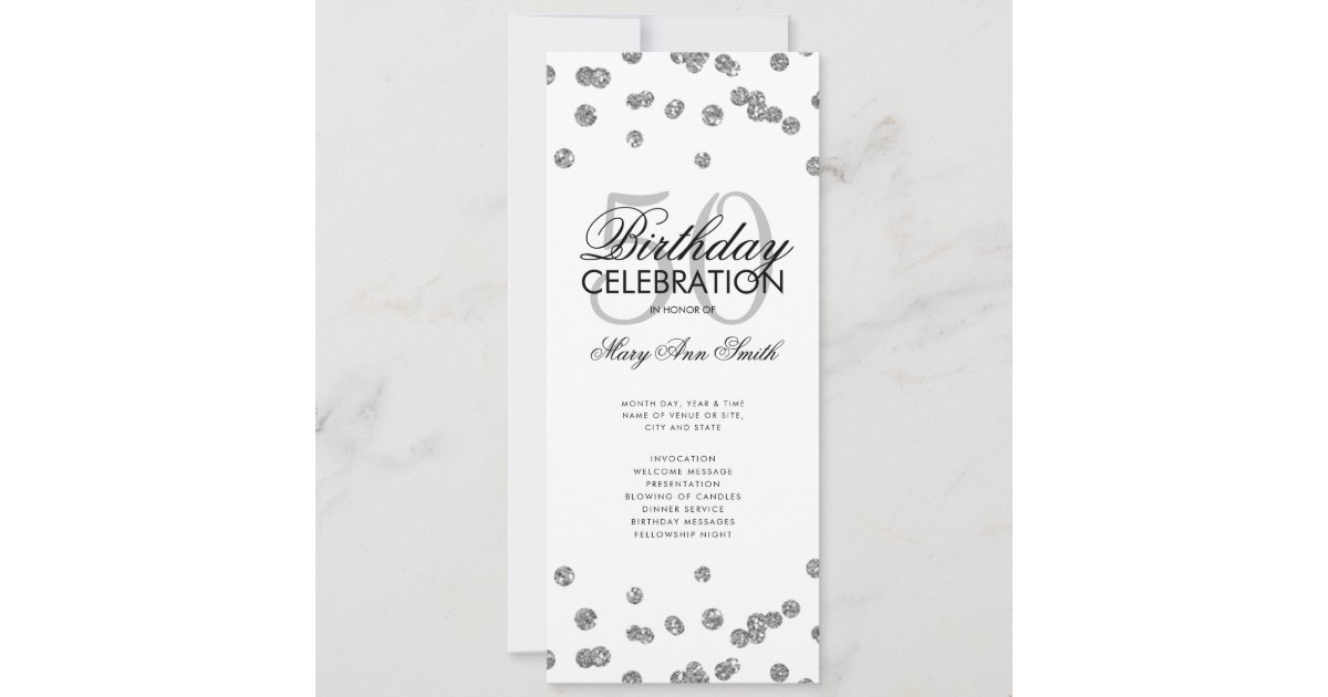50th Birthday Party Program Silver Glitter w/ Menu | Zazzle