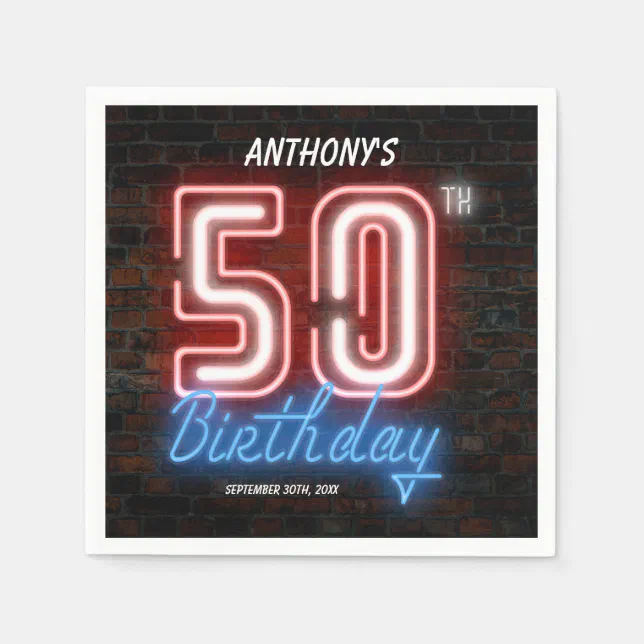 50th Birthday Party Retro Neon Sign Fun Custom Napkins | Zazzle