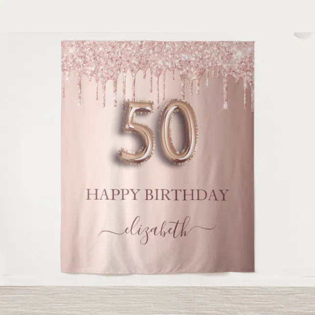 50th birthday party rose gold blush glitter drips tapestry | Zazzle