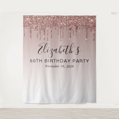 50th Birthday Party Rose Gold Glitter Backdrop | Zazzle