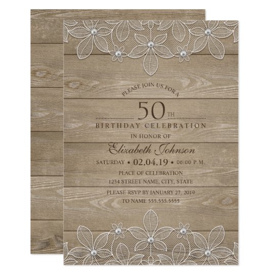 50th birthday party Rustic Wood Unique Lace Invitation | Zazzle.com