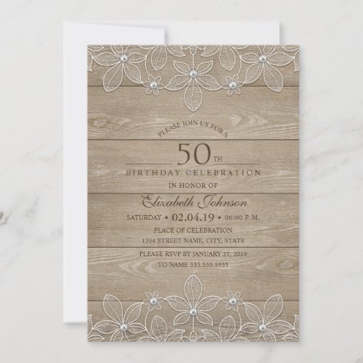 50th birthday party Rustic Wood Unique Lace Invitation | Zazzle
