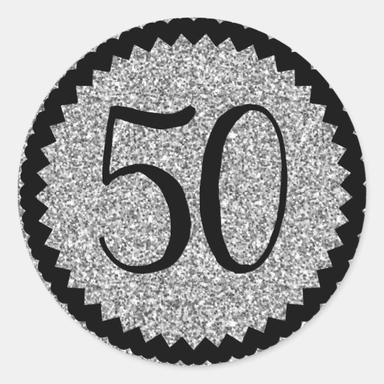 50th Birthday Party Silver Glitter Classic Classic Round Sticker ...