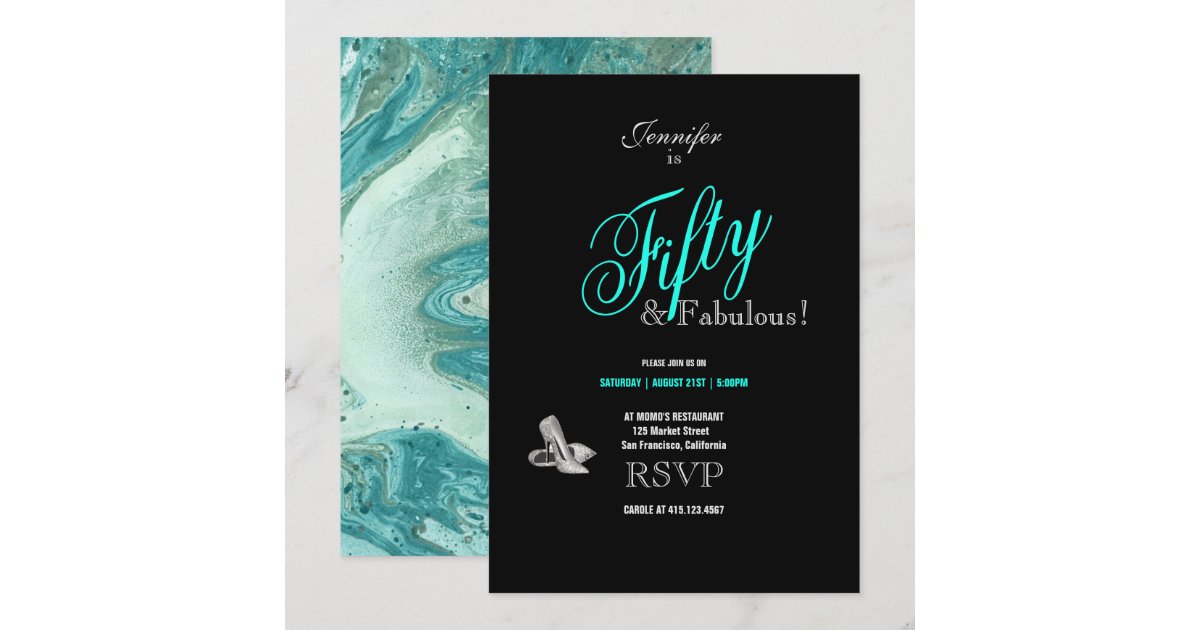 50th Birthday Party Stilettos Turquoise Font Invitation | Zazzle