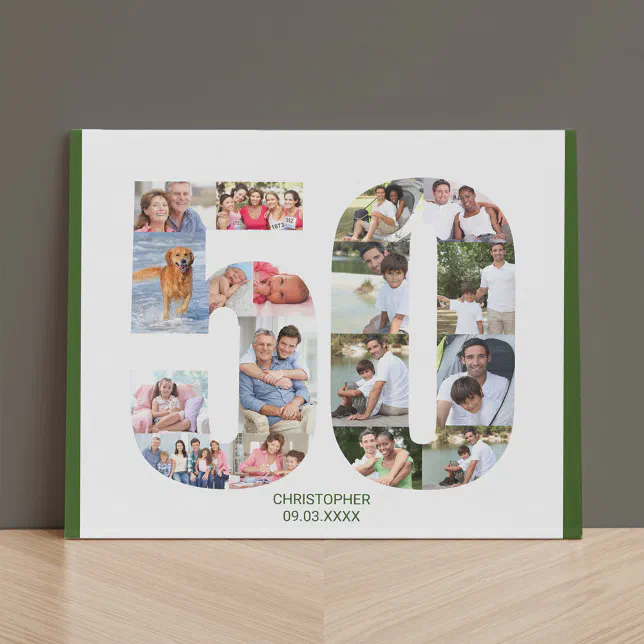 50th Birthday Photo Collage Number 50 Custom Faux Canvas Print | Zazzle