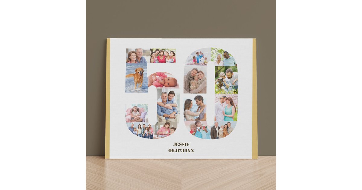 50th Birthday Photo Collage Number 50 Neutral Faux Canvas Print | Zazzle