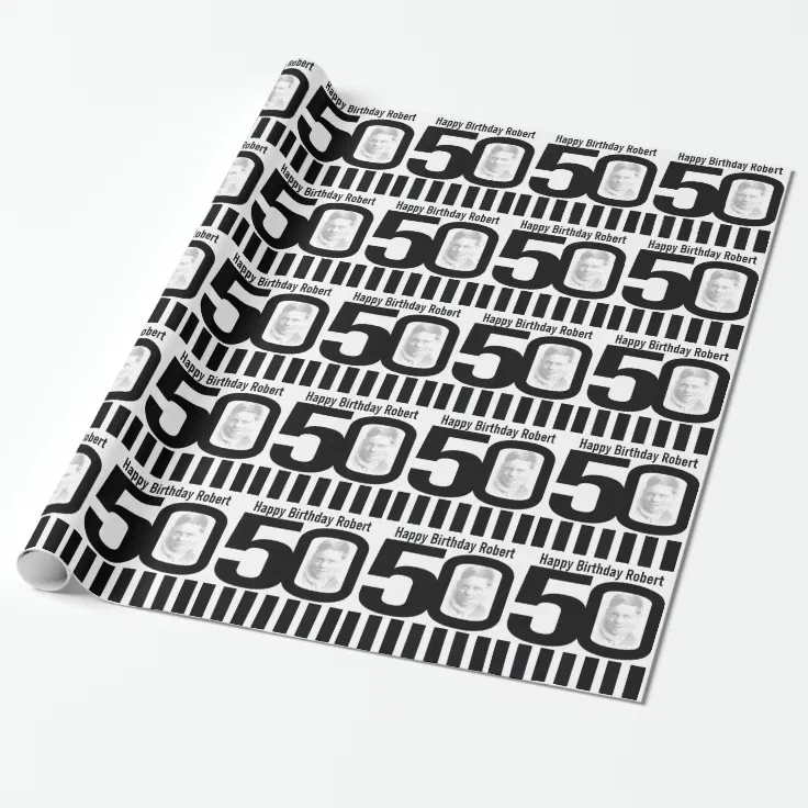 50th Birthday photo fun black and white wrapping Wrapping Paper | Zazzle