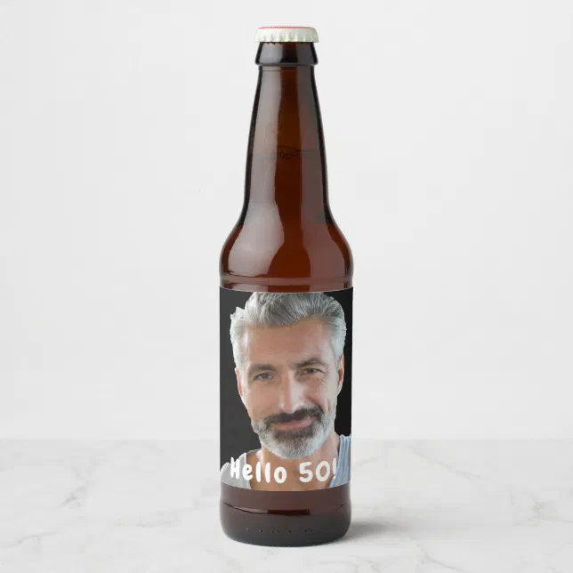 50th birthday photo hello 50 guys men beer bottle label | Zazzle