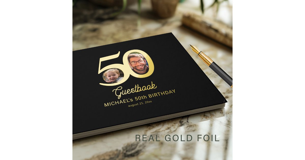 50th Birthday photo name black gold Foil Guest Book | Zazzle