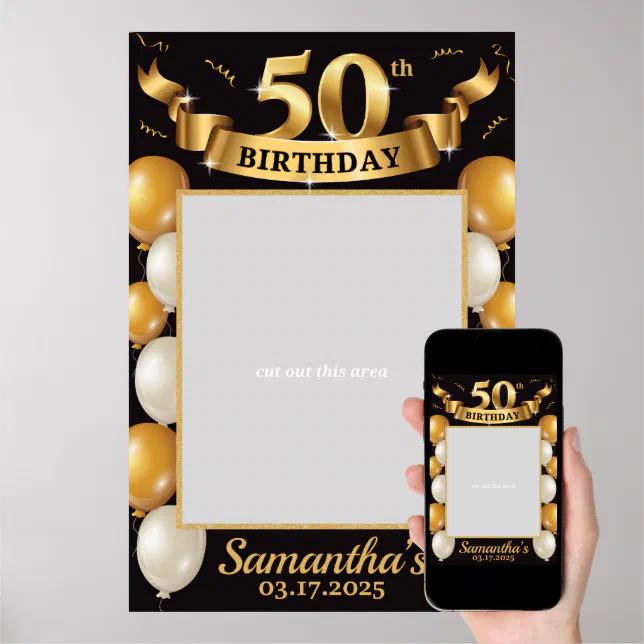 50th Birthday Photo prop Frame Gold Black Poster | Zazzle