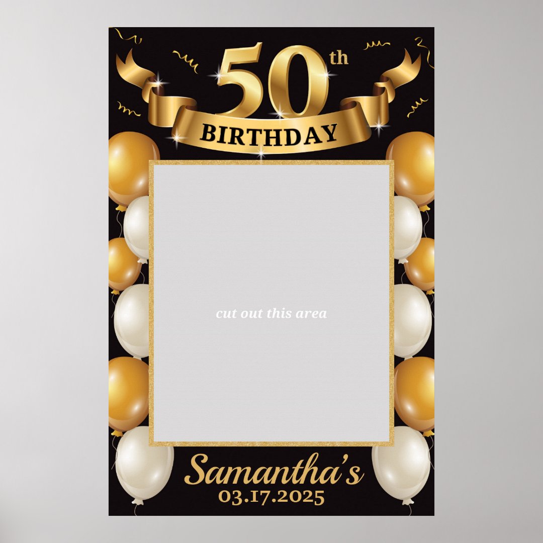 50th Birthday Photo prop Frame Gold Black Poster | Zazzle