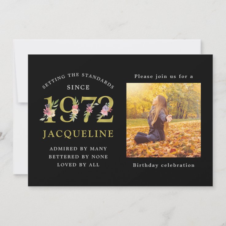 50th Birthday Photo Template 1972 Black Invitation | Zazzle