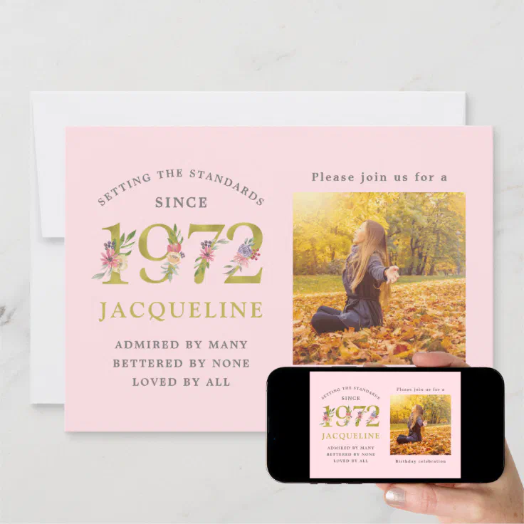 50th Birthday Photo Template 1972 Pink Invitation | Zazzle