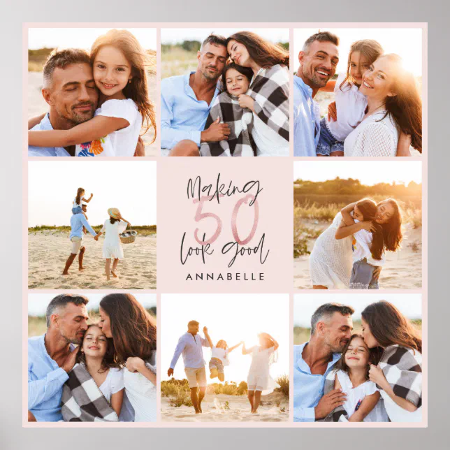 50th birthday pink girly glitter photo collage poster | Zazzle