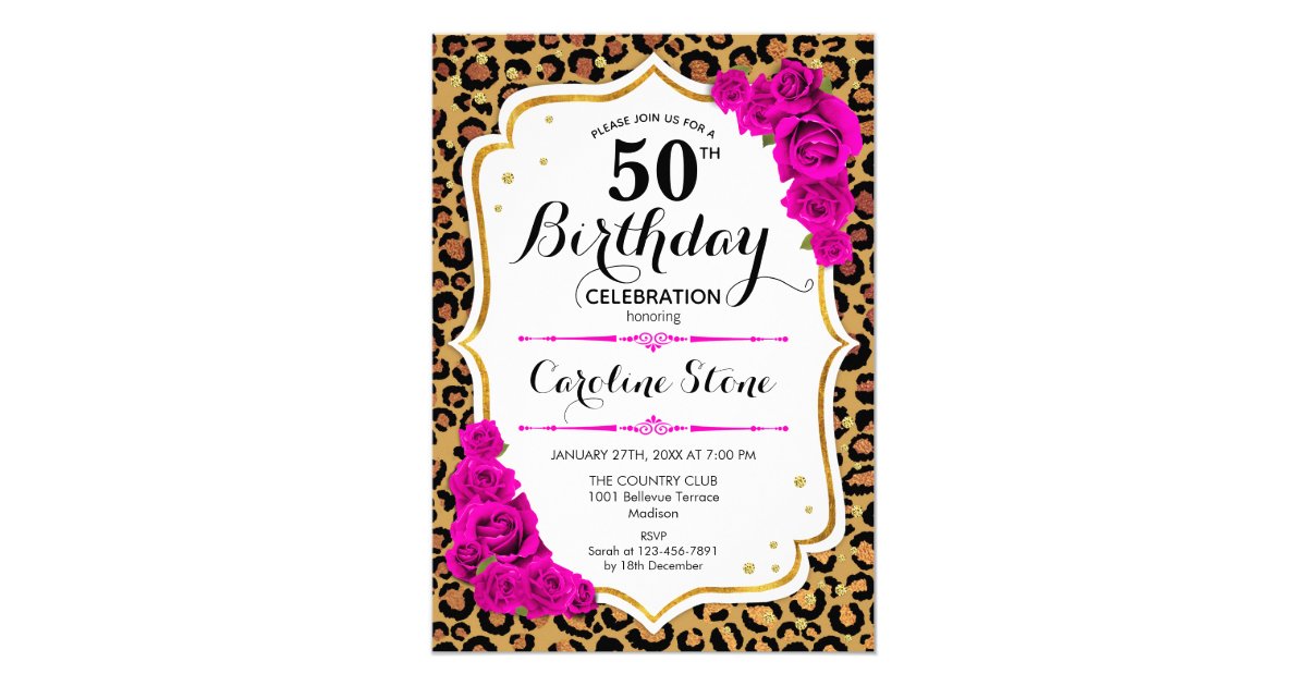 50th Birthday Pink Gold Leopard Print Invitation