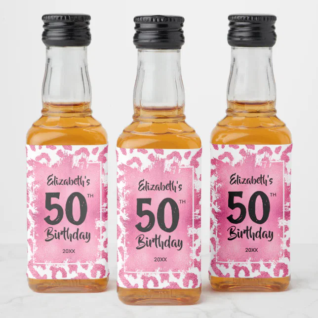 50th Birthday Pink Leopard Mini Liquor Bottle Label | Zazzle