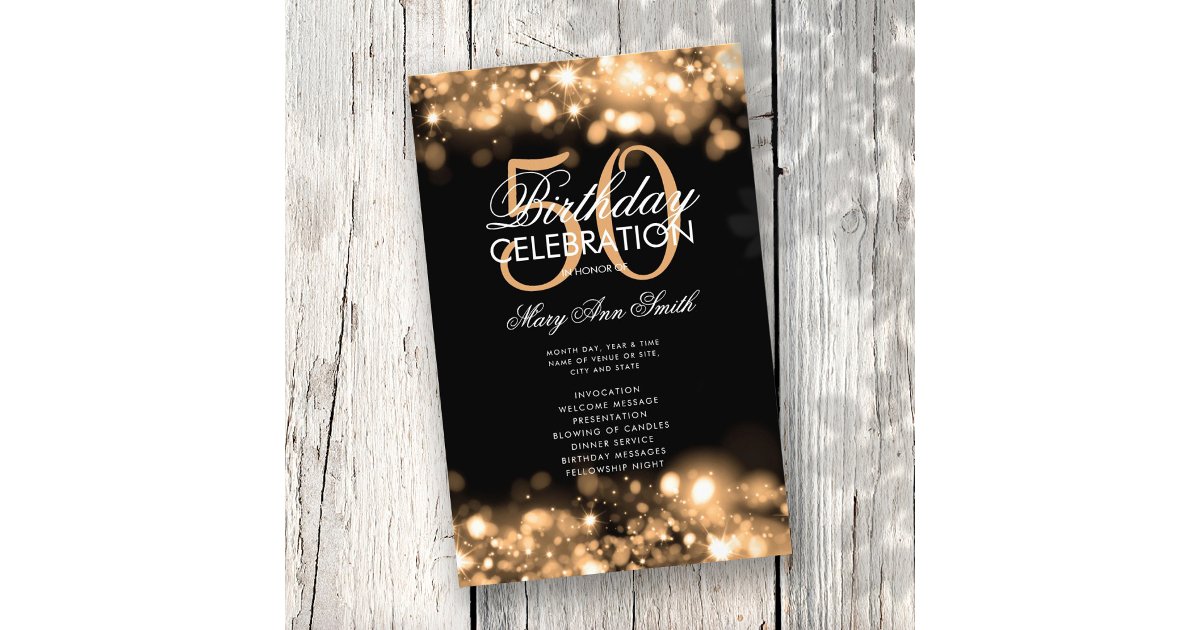 50th Birthday Program Glam Lights Gold Menu Flyer | Zazzle