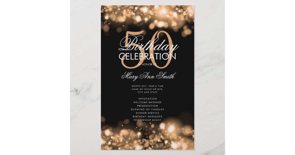 50th Birthday Program Glam Lights Gold Menu Flyer | Zazzle