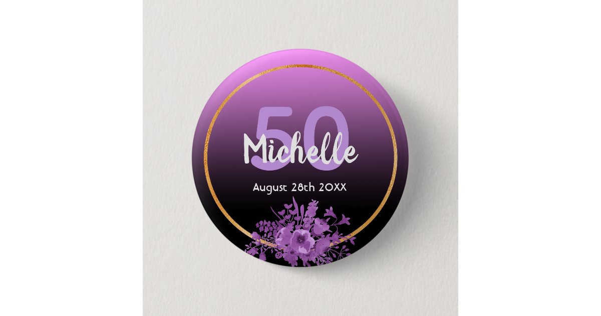 50th birthday purple and black gradient with gold button | Zazzle