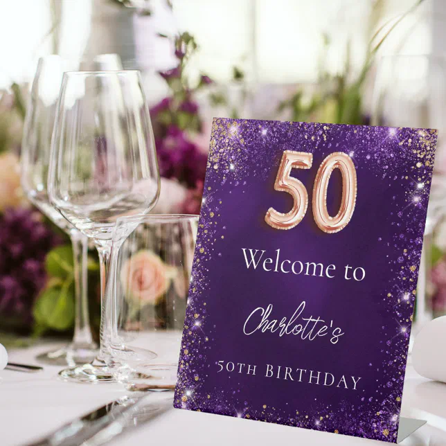 50th birthday purple glitter sparkles welcome pedestal sign | Zazzle
