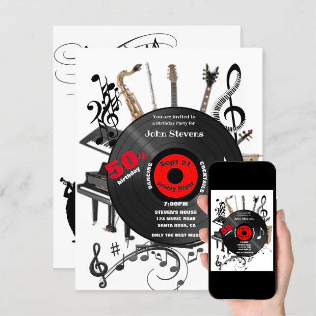 50th Birthday Record Musical Instruments Party Invitation | Zazzle